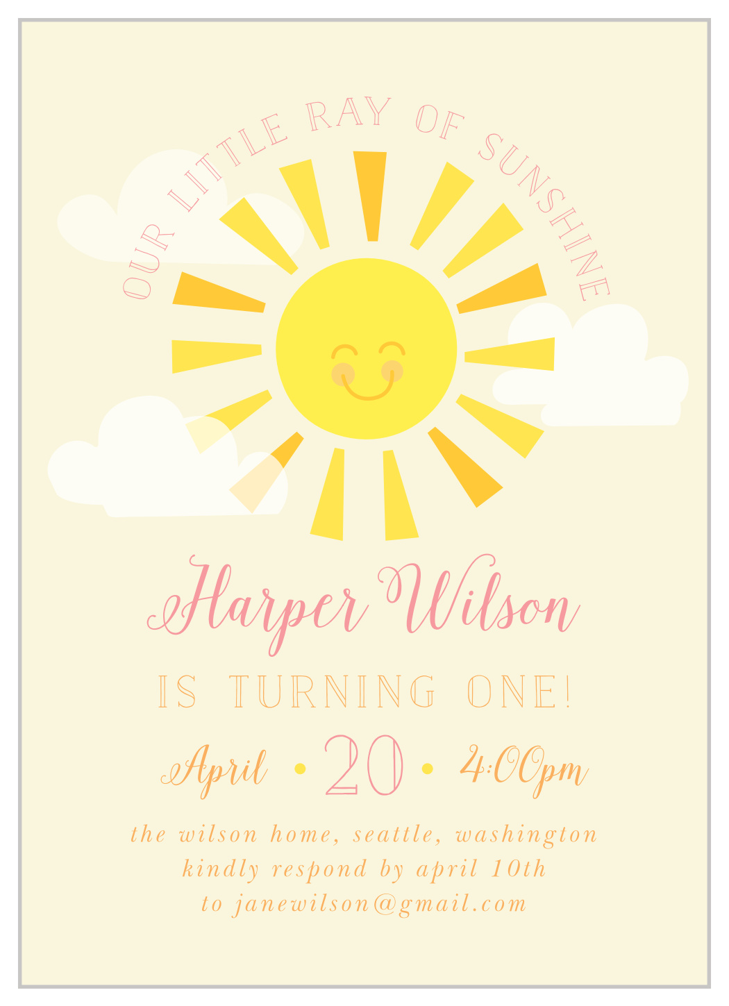 Ray of Sunshine First Birthday Invitations by Basic Invite