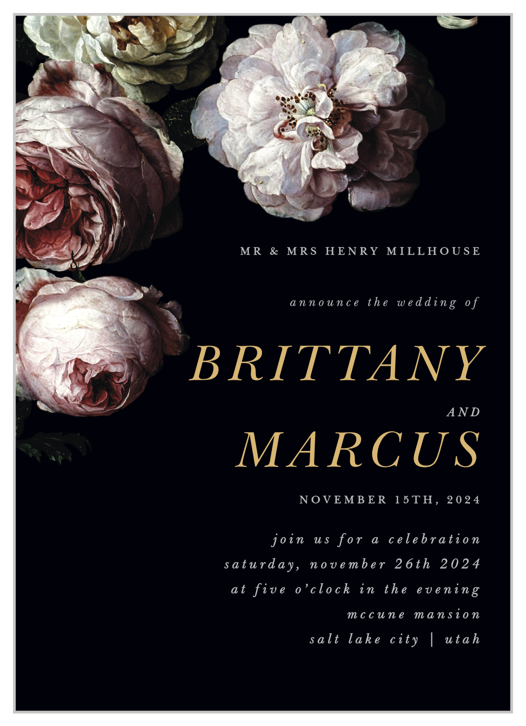 Moody Florals LDS Wedding Invitations by Basic Invite
