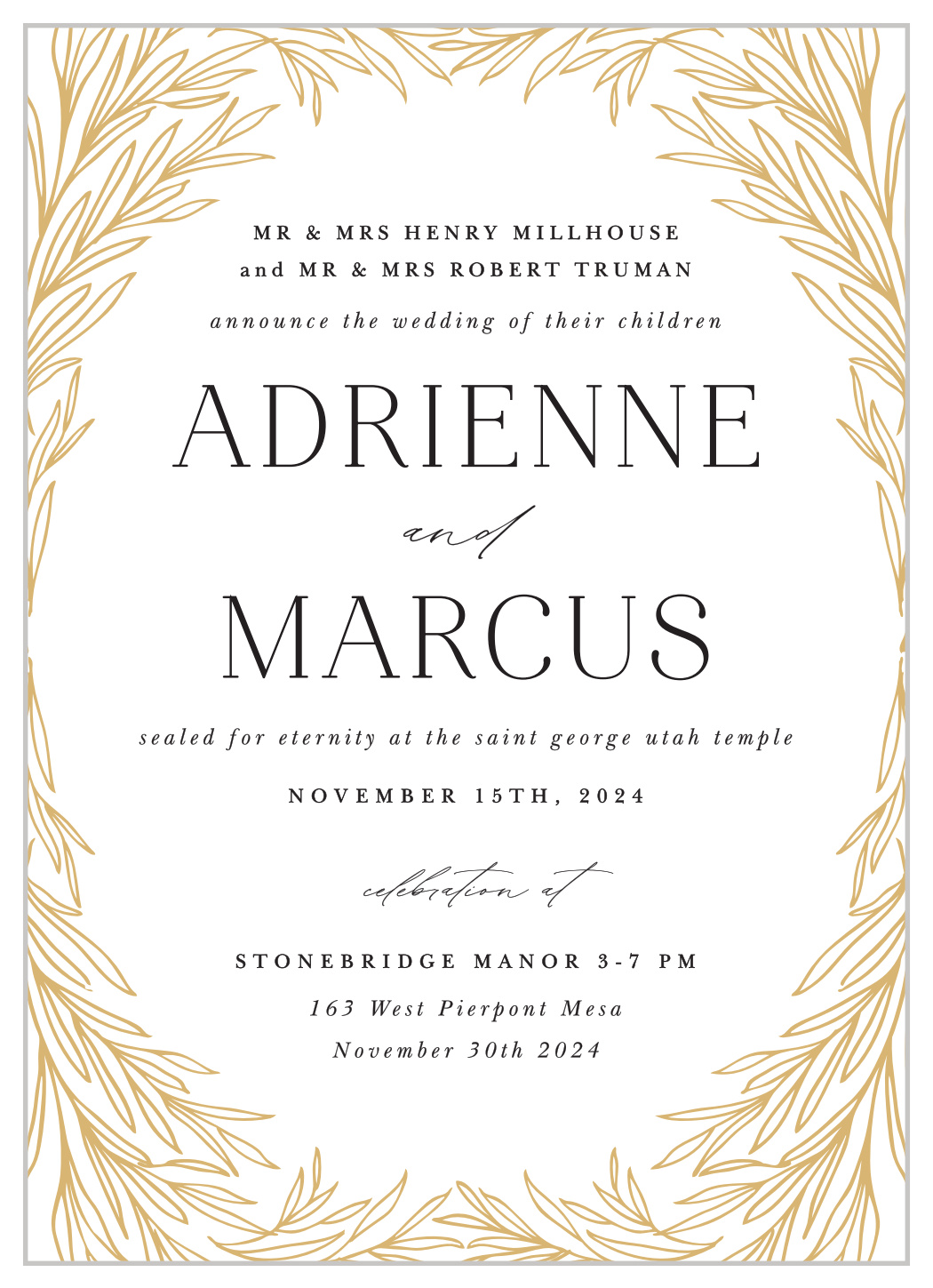Leafy Laurel LDS Wedding Invitations by Basic Invite