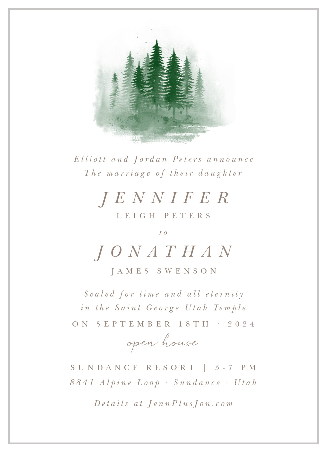 Watercolor Pines LDS Wedding Invitations by Basic Invite