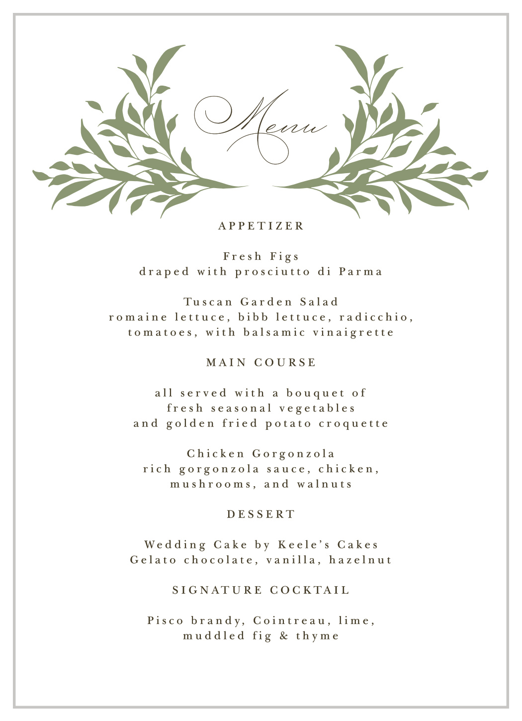 Leafy Crest Wedding Menus by Basic Invite
