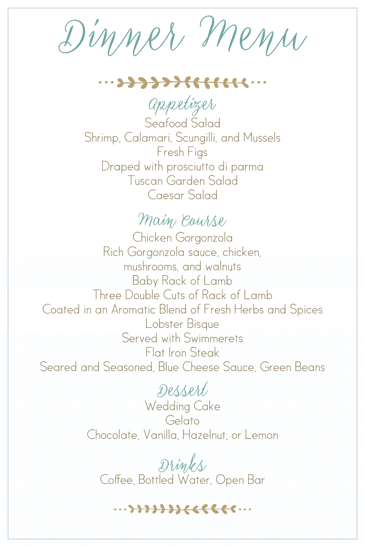 Back to Nature Wedding Menu