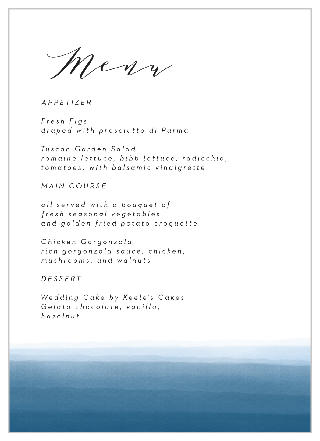 Watercolor Dip Wedding Menus by Basic Invite