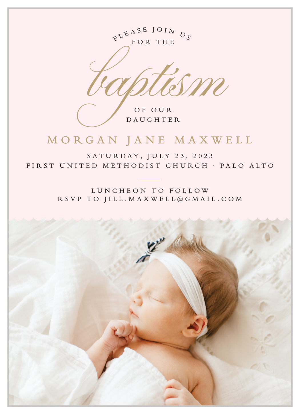 Scallops and Script Girl Baptism Invitations by Basic Invite