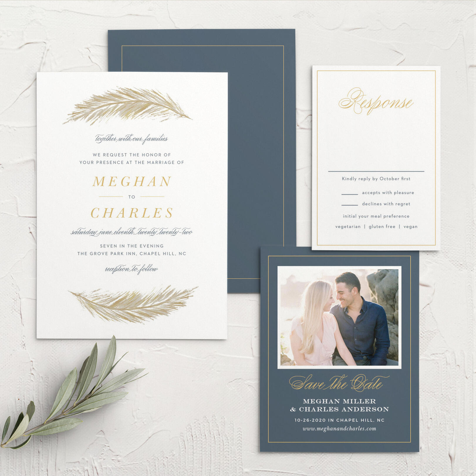 Falling Feathers Foil Wedding Invitations by Basic Invite